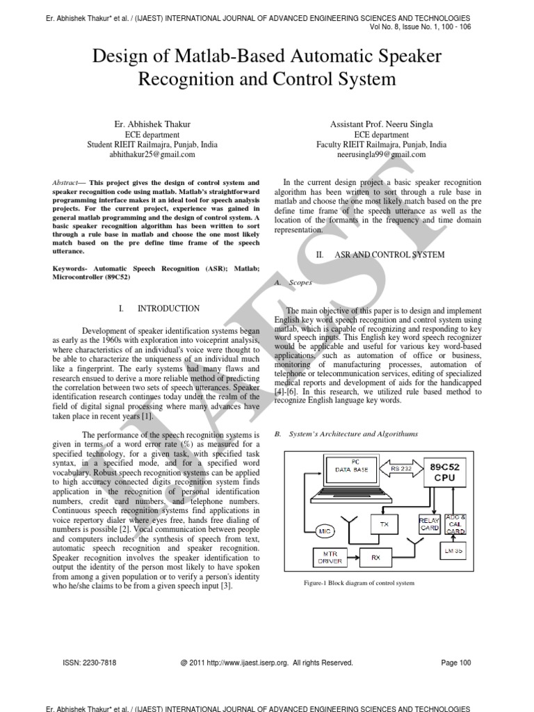 Design of Matlab Based Automatic Speaker Recognition and Control System ...