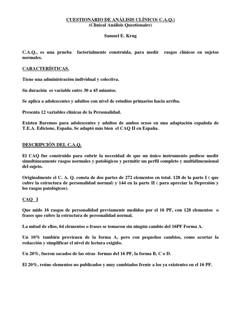 C.A.Q. Prueba de personalidad clínica | PDF | Depresión (estado de ...