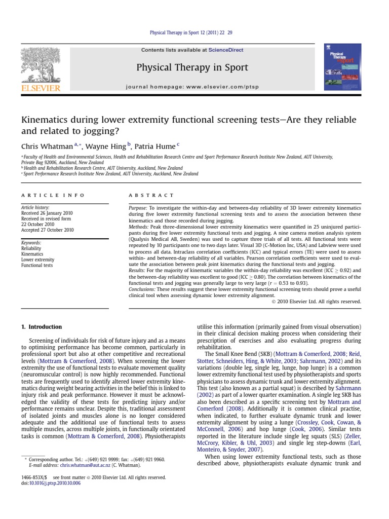 Whatman (2011) Kinematics During Lower Extremity Functional Screening ...