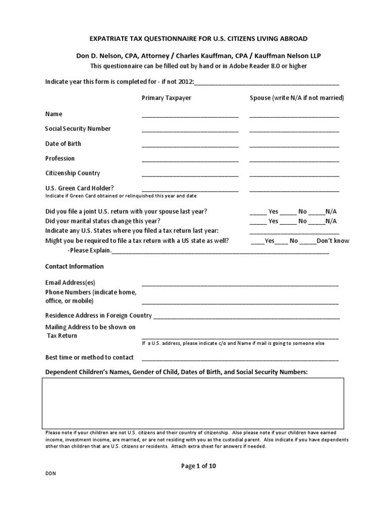 12 Expat Questionnaire Final PDF Fill in Version | Tax Return (United ...