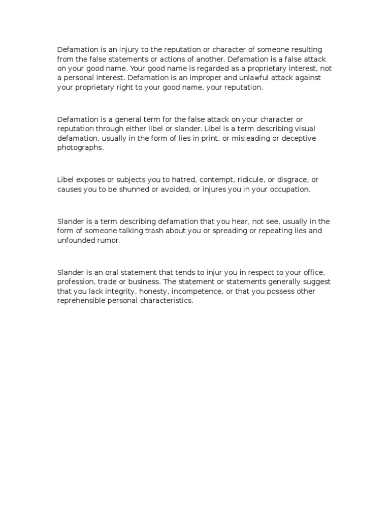 Slander Vs Libel Vs Defamation | PDF