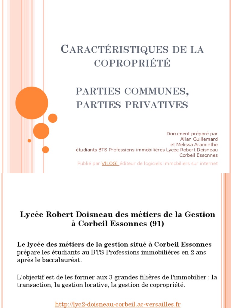 Caractéristiques de la copropriété parties communes parties privatives ...