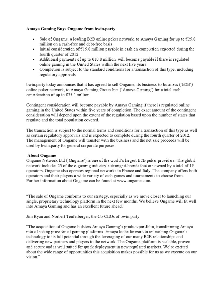 Amaya Gaming Buys Ongame From Bwin - Party | PDF | Gambling | Service ...