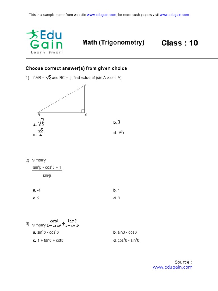 EduGain : Class 10 Sample Trigonometry Practice