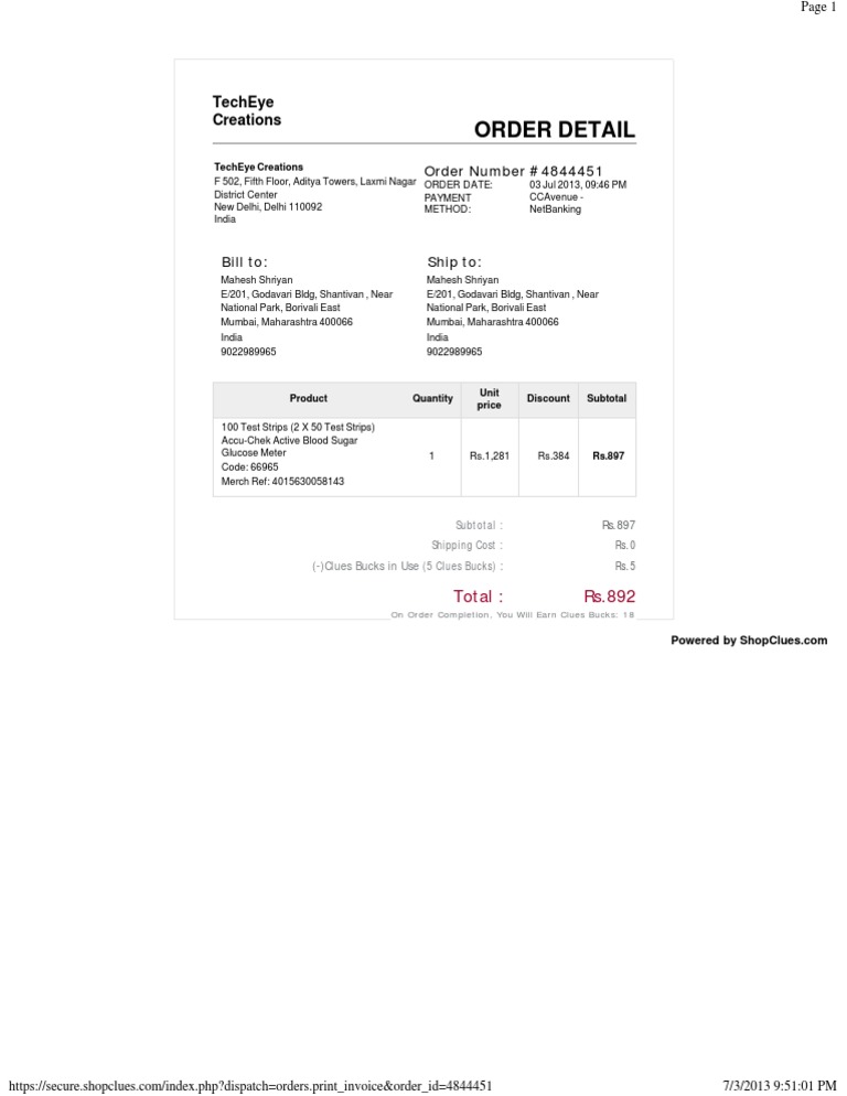 Accu-Chek Active Strips Order Invoice | PDF