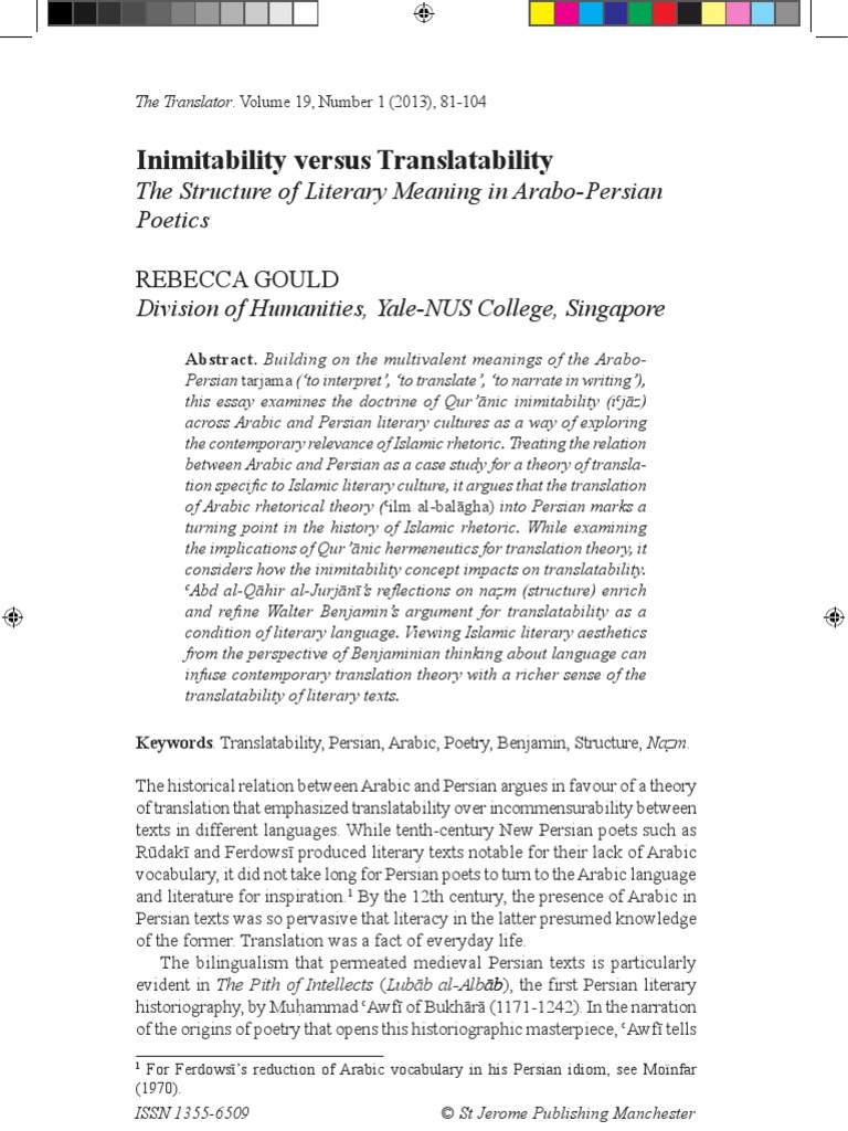 Inimitability Versus Translatability The Structure of Literary Meaning ...