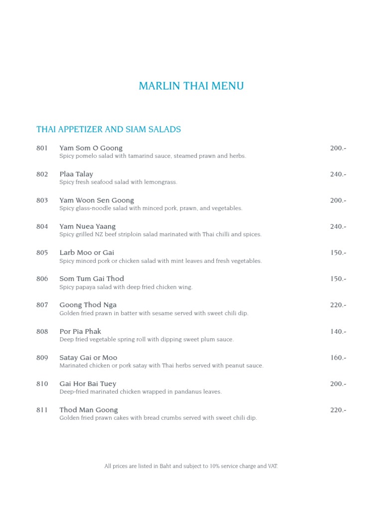 Marlin Dinner Menu | Thai Cuisine | Tomato Sauce