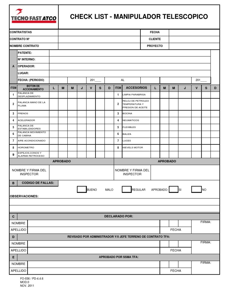 Fo-036_pd-4.4.6 Check List Manipulador Telescopico | Vehículos | Transporte
