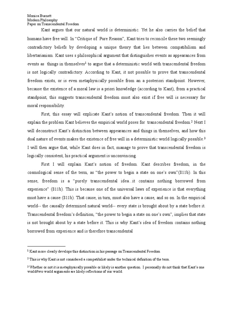 Paper On Transcendental Freedom PDF | PDF | Free Will | Noumenon