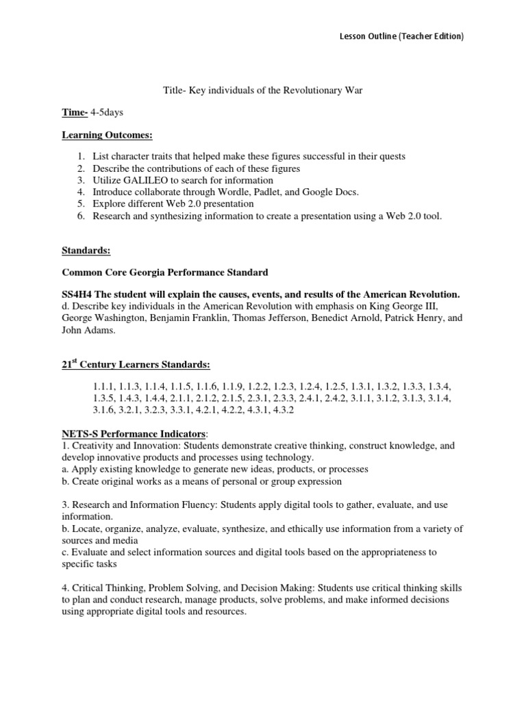 Revolutionary War Key Figures Lesson Plan | PDF | Critical Thinking ...