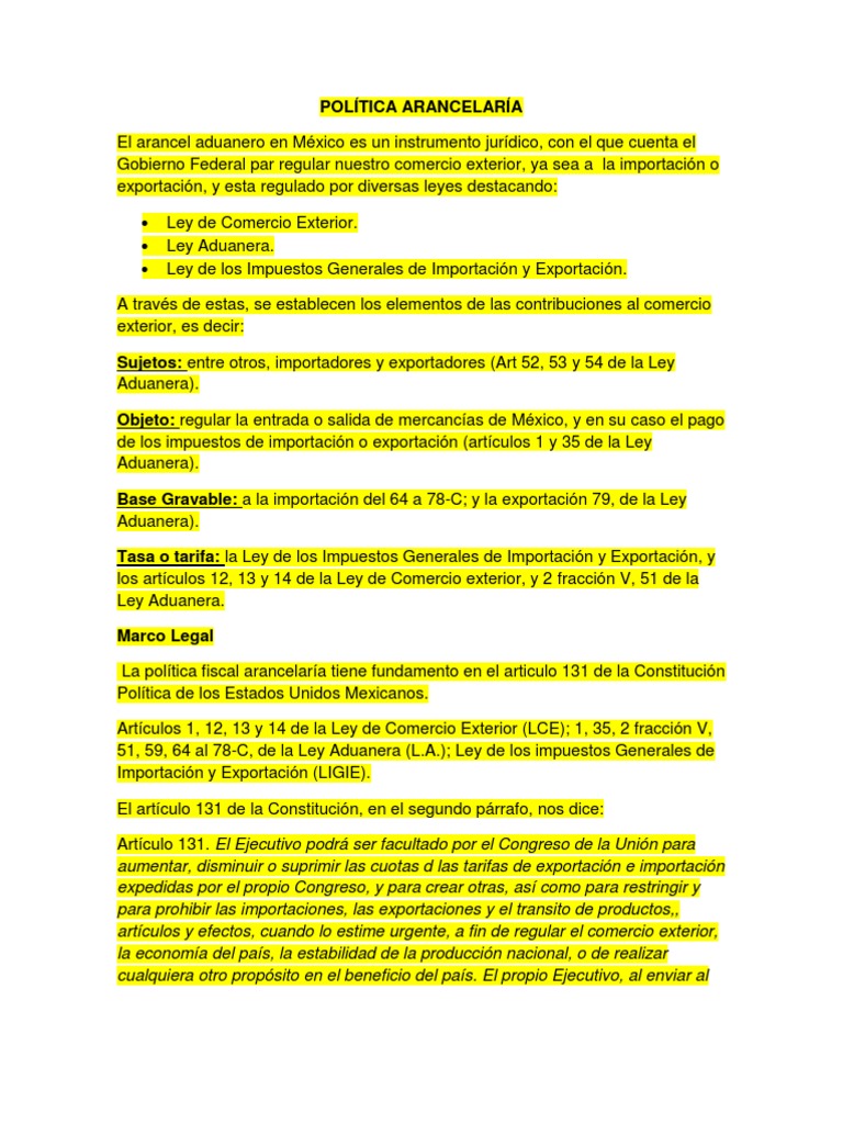 Política Arancelaria En México Pdf Aduana Arancel