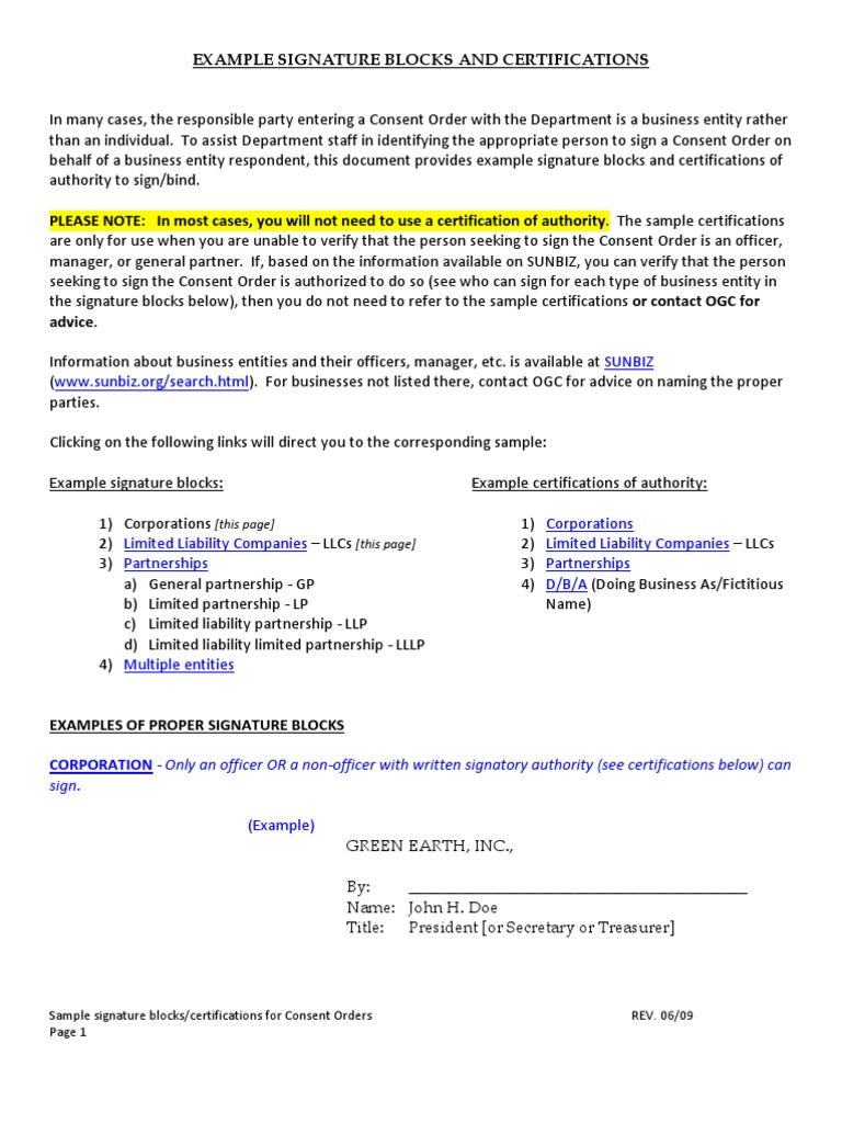 Example Signature Blocks and Certifications: Sunbiz | PDF | Limited ...