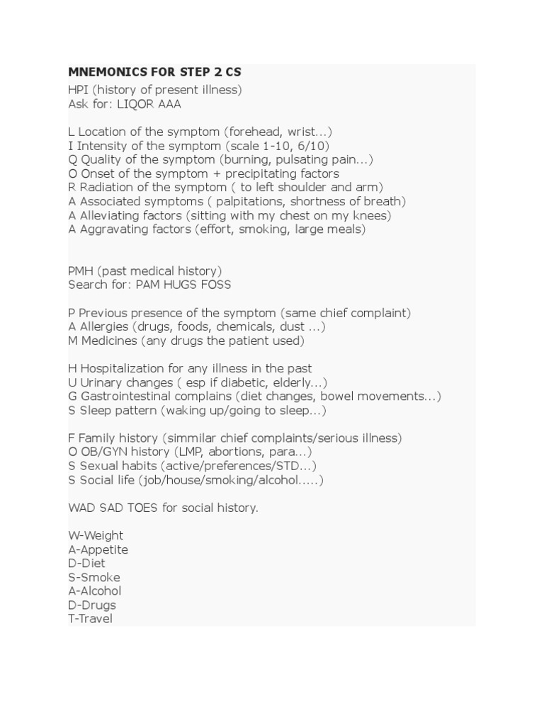 Step 2 CS Mnemonics | PDF | Dementia | Nausea