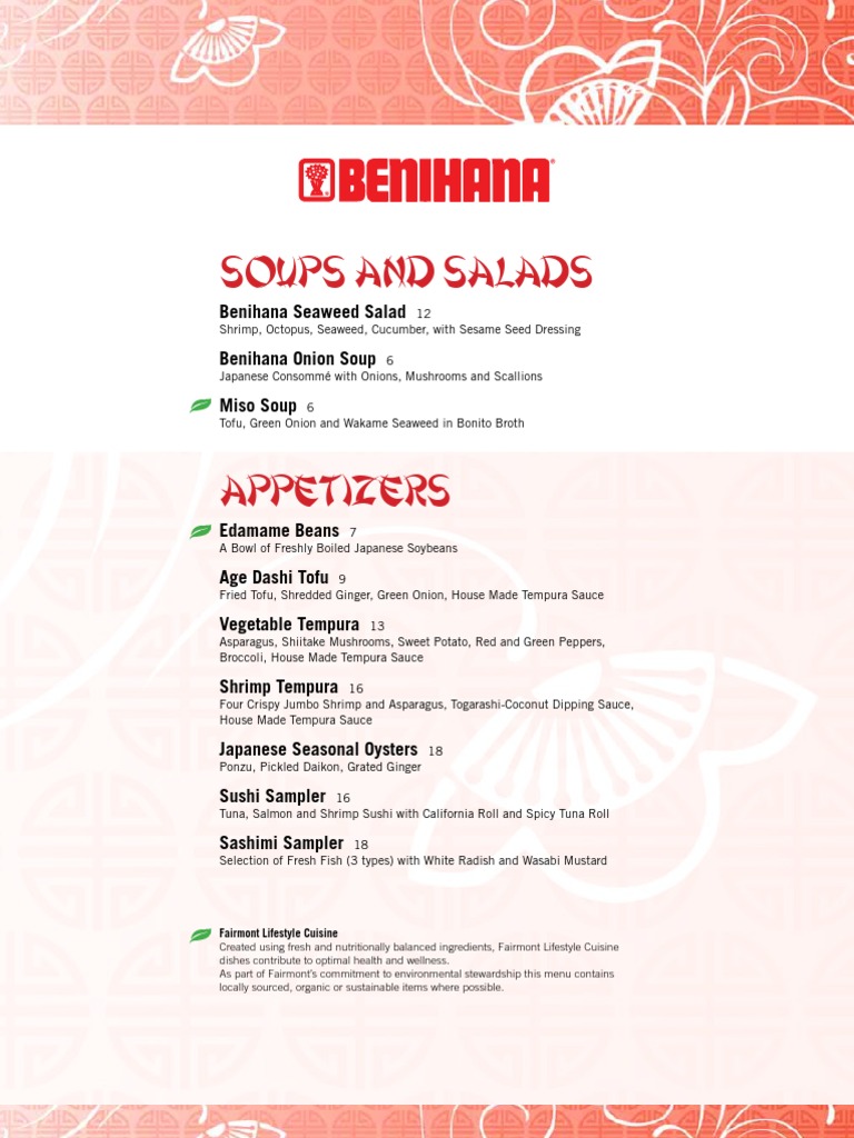 Soups and Salads Benihana Seaweed Salad Benihana Onion Soup Miso Soup PDF Sushi Japanese Cuisine