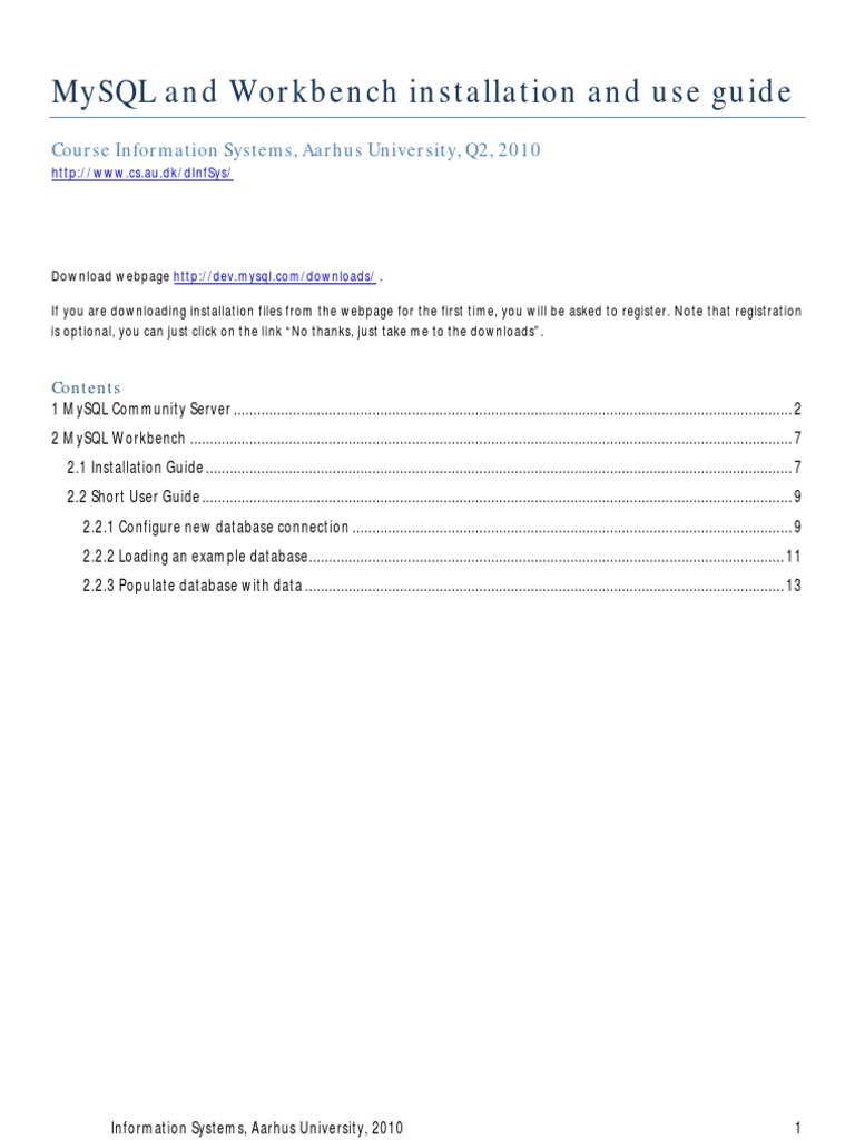 Mysql and Workbench Installation and Use Guide: Course Information Systems, Aarhus University ...