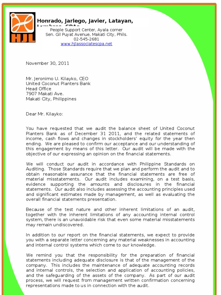 Audit Engagement Letter & Management Representation Letter (Example ...