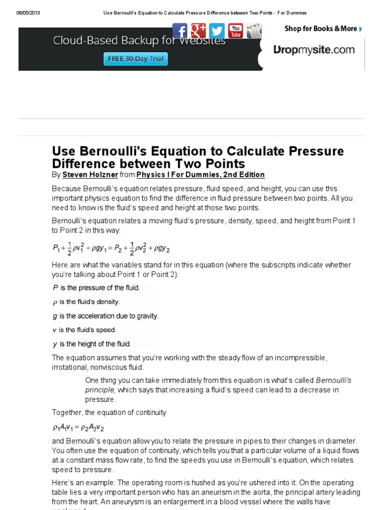 Use Bernoulli's Equation To Calculate Pressure Difference Between Two ...