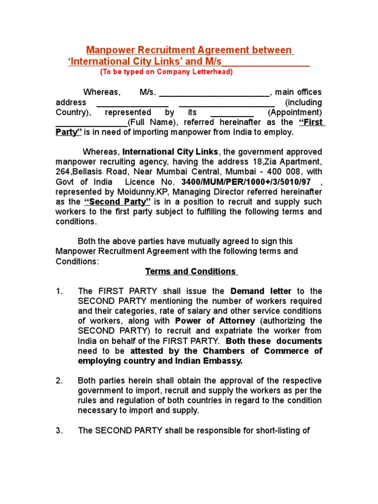 Manpower Recruitment Agreement | PDF | Travel Visa | Salary