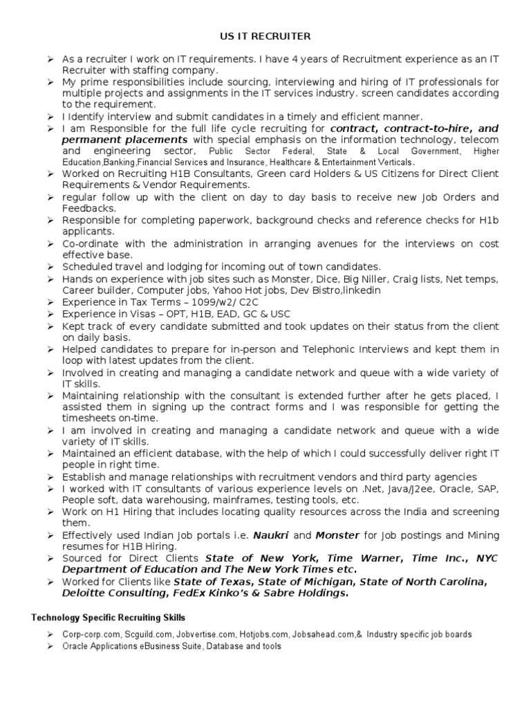 US IT Recruiter Roles and Responsibilities | PDF