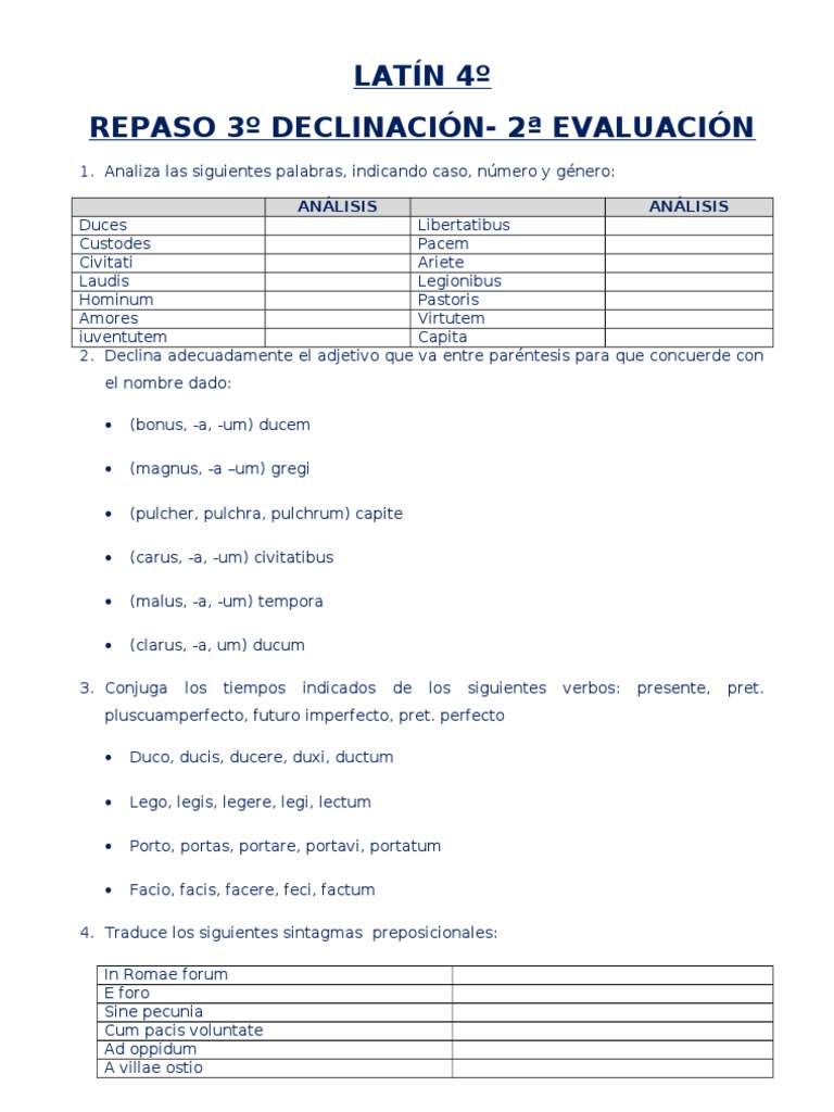 Ejercicios Repaso 3 Decl - 2 Eval - Latín 4º Eso | PDF | Tipología Lingüística | Roma antigua