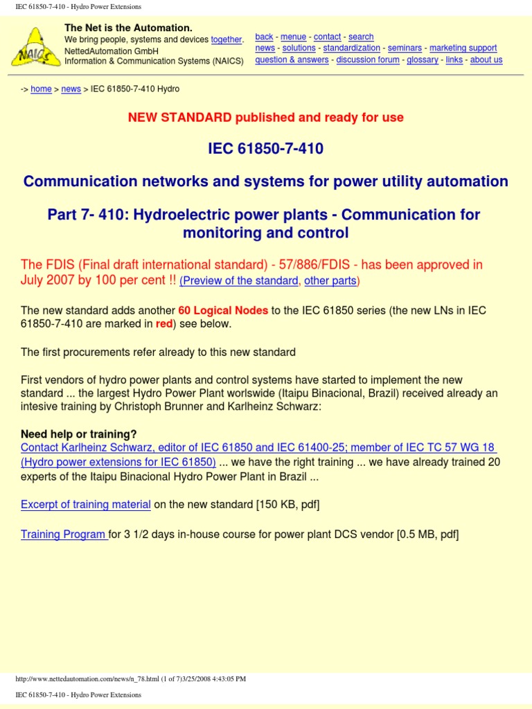 IEC 61850-7-410 - Hydro Power Extensions | PDF | Hydroelectricity | Electric Generator