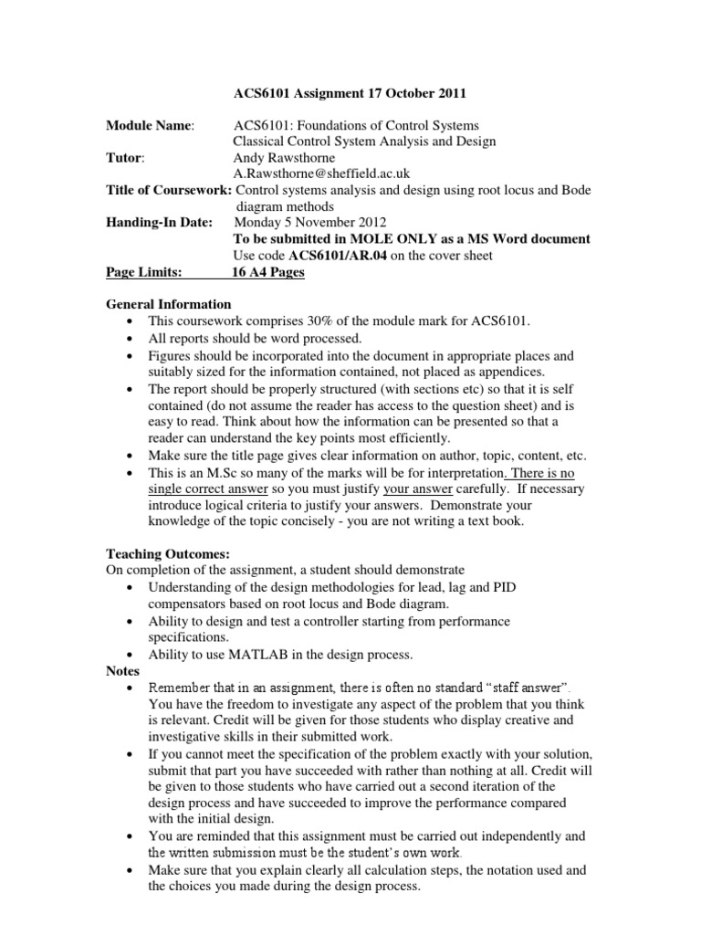 Control System Assignment | PDF | Control System | Systems Theory