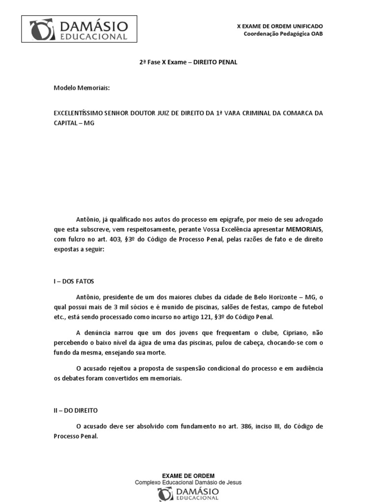 Modelo de Memoriais Aula 06 | Procedimento criminal | Lei das Obrigações