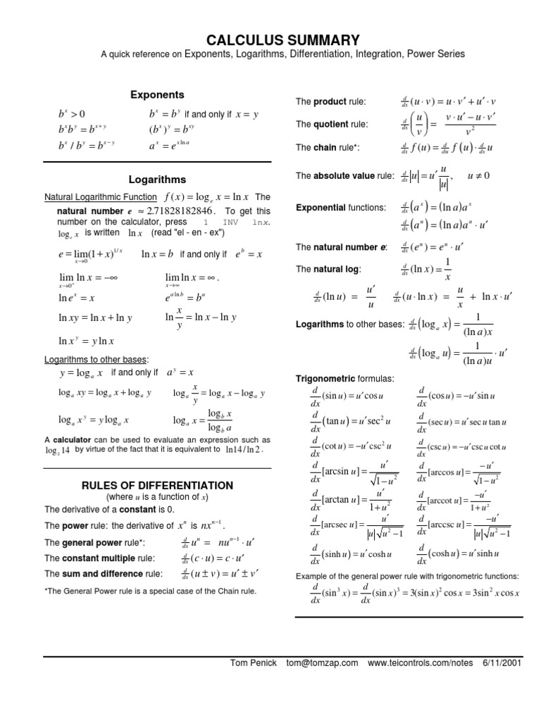 Calculus Summary | Logarithm | Sine