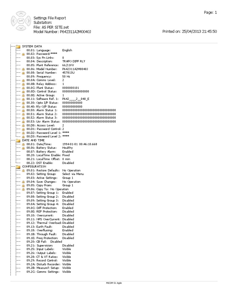 Micom P642 Final Settings PDF | PDF | Electrical Engineering