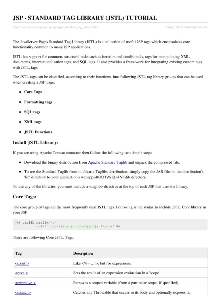 JSP Standard Tag Library | PDF | Sql | Java Server Pages