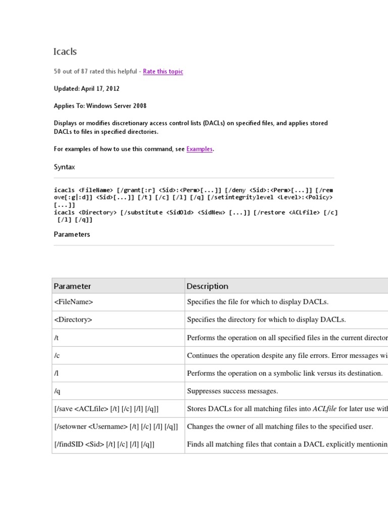 Managing Discretionary Access Control Lists (DACLs) with Icacls | PDF ...