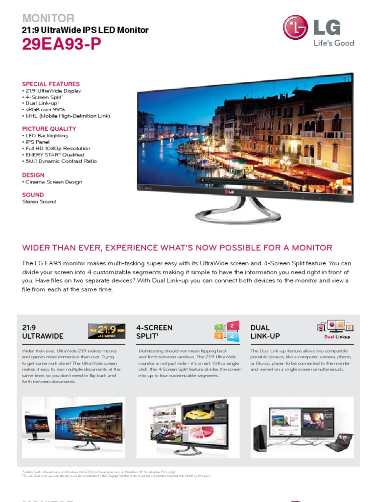 Spec Sheets LG Monitor 29EA93P Specsheet-0 | PDF | Computer Monitor | Hdmi