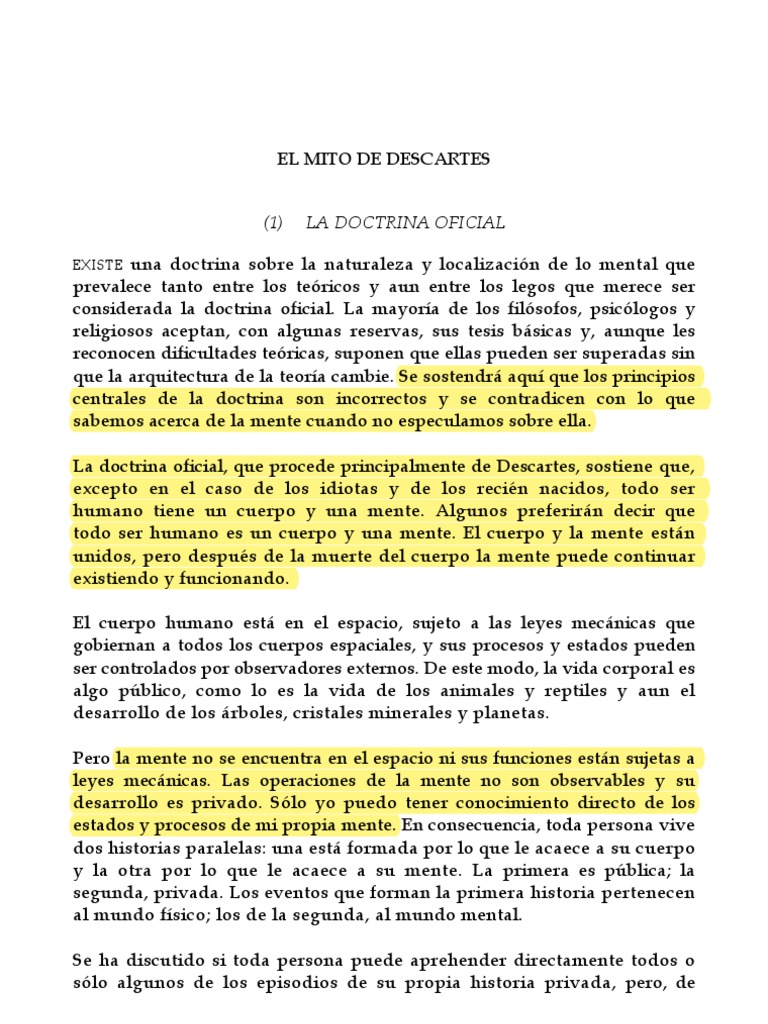 El Mito de Descartes - G. Ryle PDF | PDF | Mente | Teoría