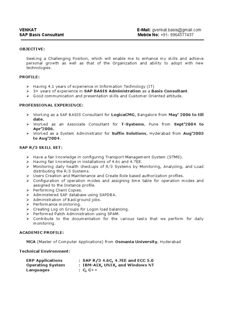 Venkat Sap Basis Consultant Mobile No: +91-9964577437 | PDF | Oracle Database | Databases