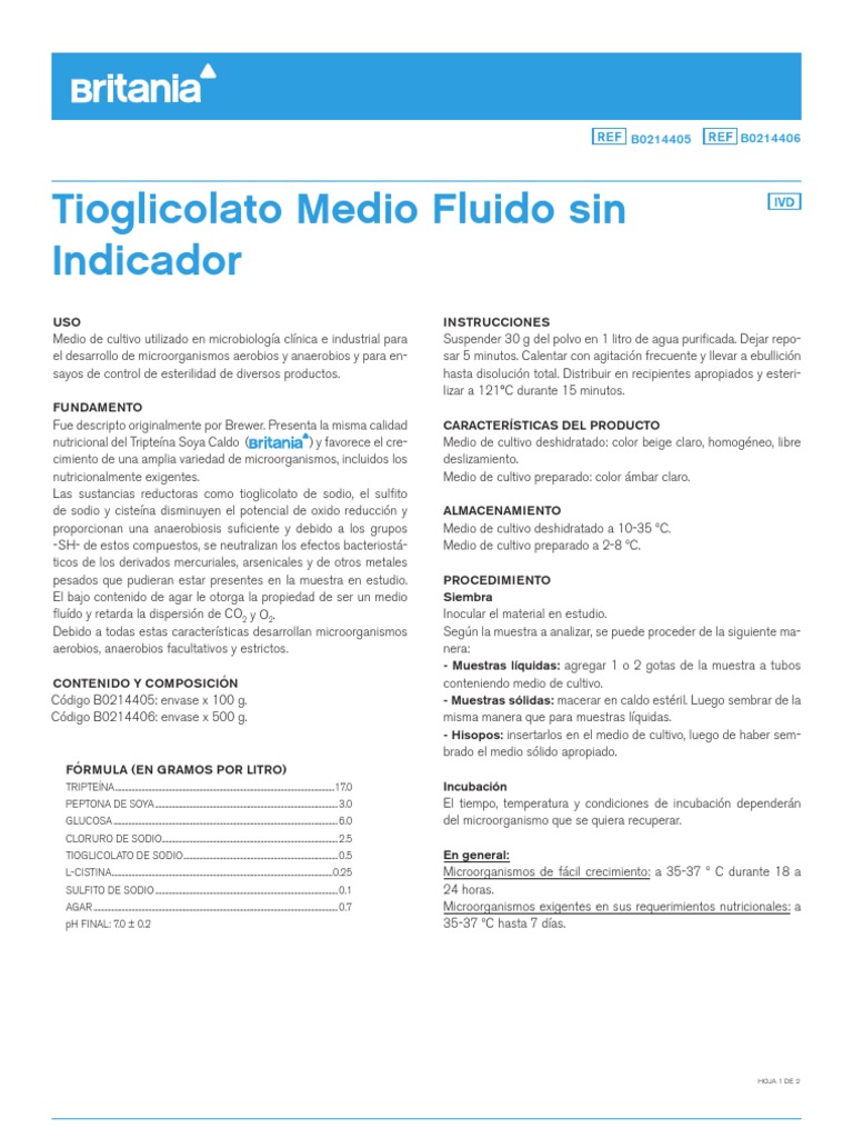 350 Hoja Tecnica Es TIOGLICOLATO | PDF | Microorganismo | Microbiología