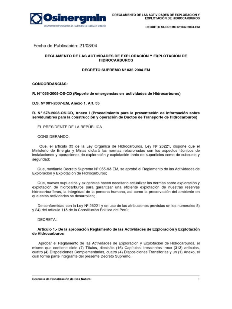 DS 032-2004-EM Exploracion Produccion | PDF | Petróleo | Evaluación de impacto ambiental