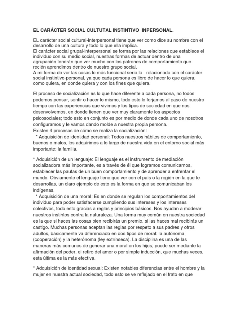 El Carácter Social Cultutal Instintivo Inpersonal | PDF | Sociedad | Hombre