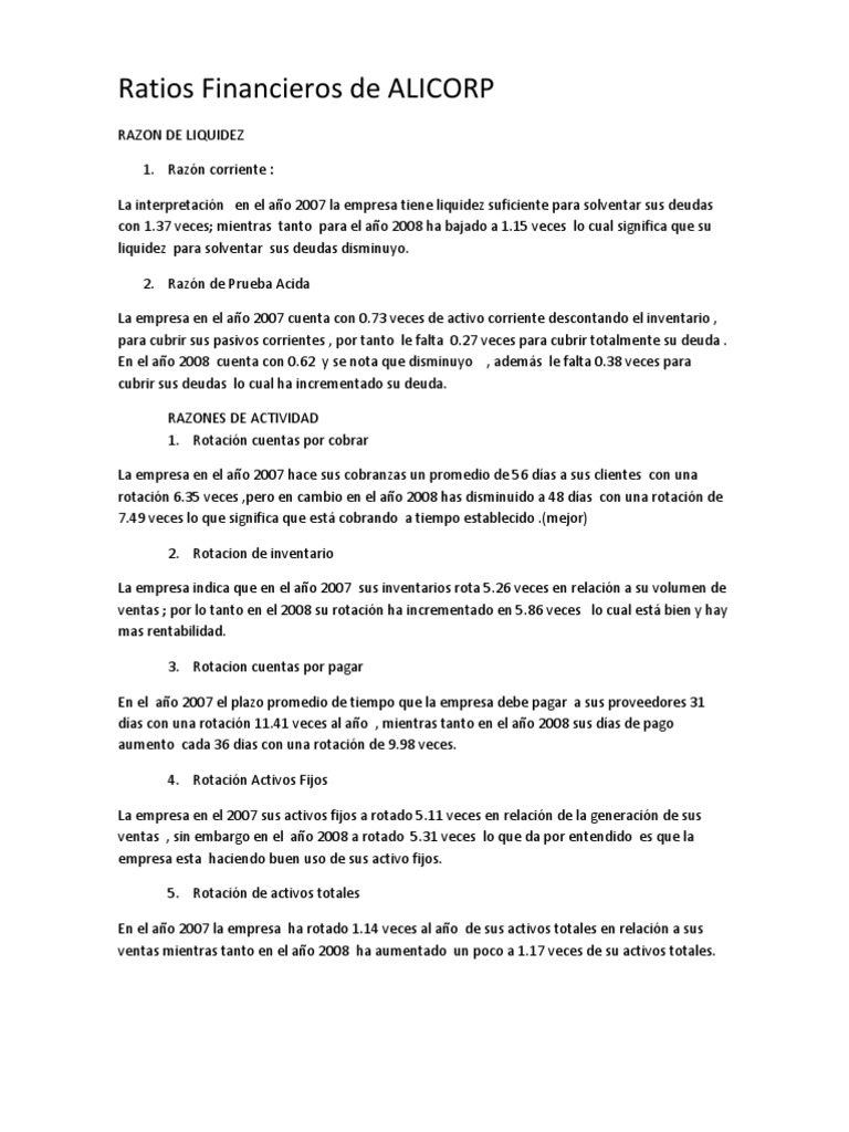Ratios Financieros de ALICORP | PDF | Rentabilidad sobre recursos propios | Economias