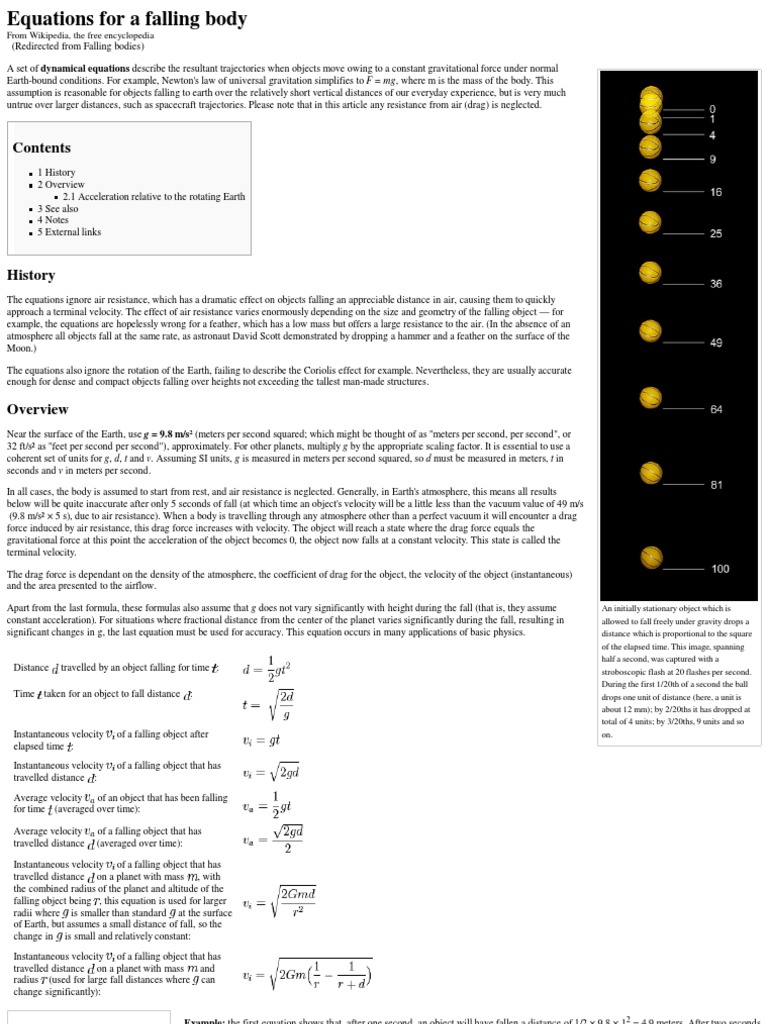 Equations For A Falling Body - Wikipedia, The Free Encyclopedia | PDF ...
