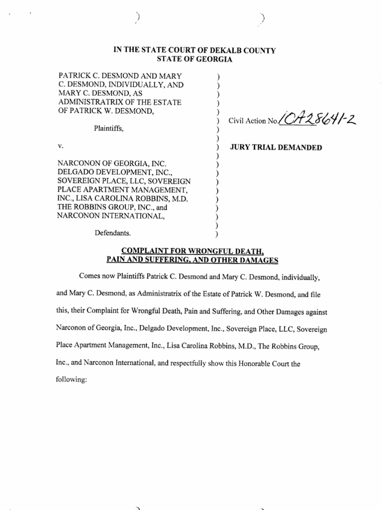 Desmond v. Narconon of Georgia..Wrongful Death Complaint | PDF ...