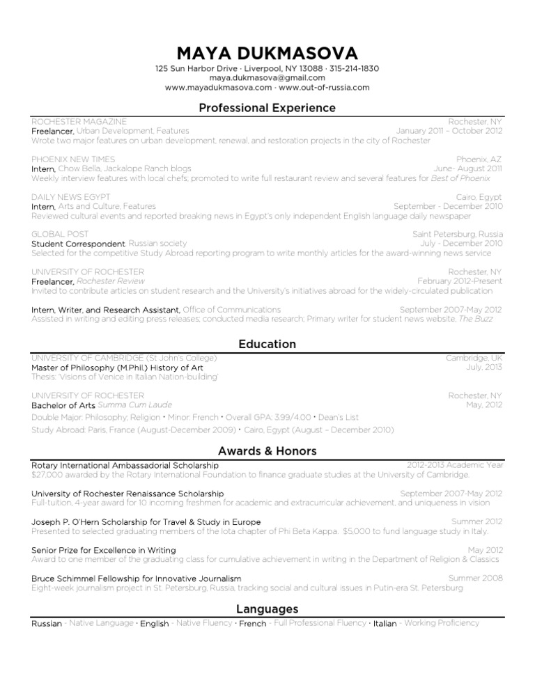 Maya Dukmasova Resume | PDF | University Of Cambridge | News