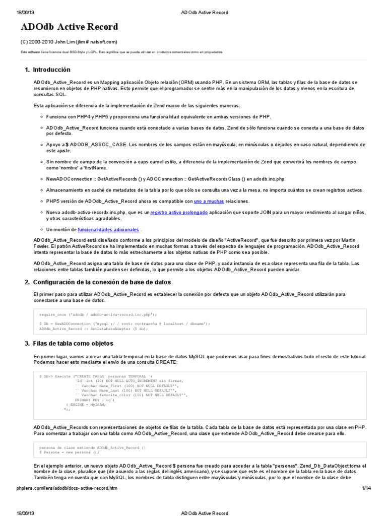 ADOdb Active Record en PHP: Guía ORM | PDF | Mapeo Relacional de Objetos | SQL