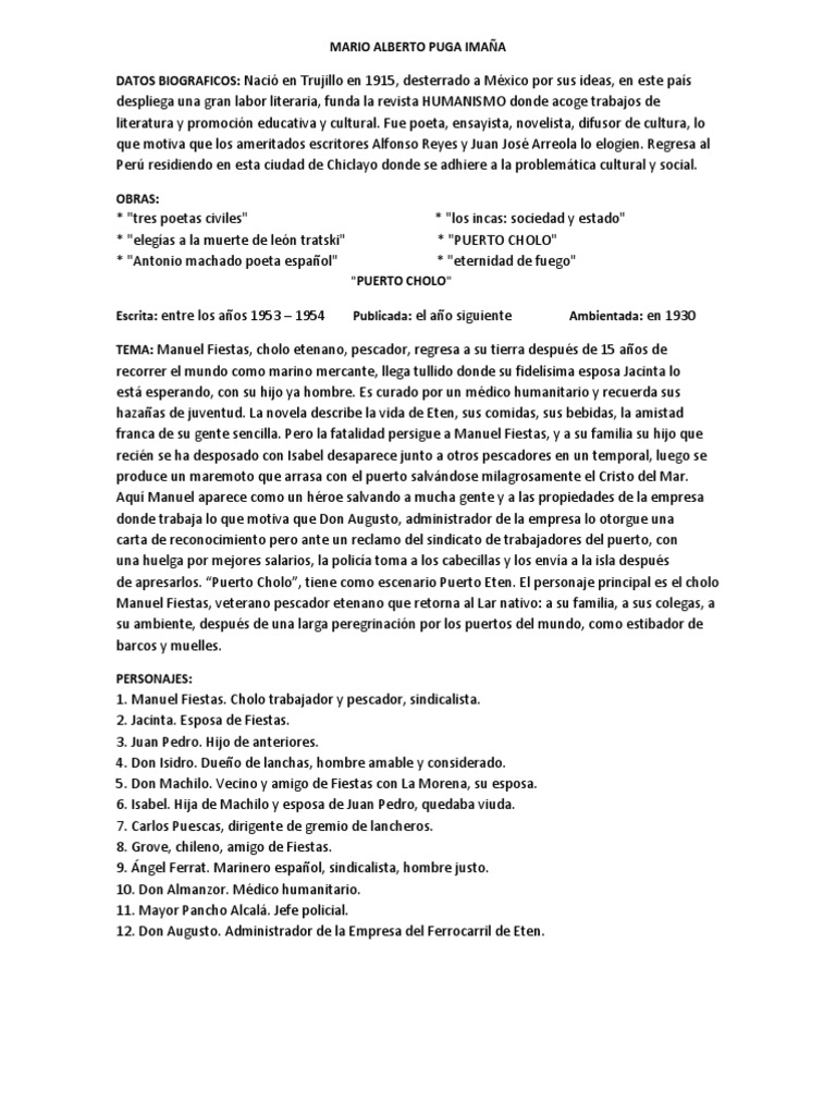 MARIO ALBERTO PUGA IMAÑA y PUERTO CHOLO | PDF | Novelas | Buenos Aires