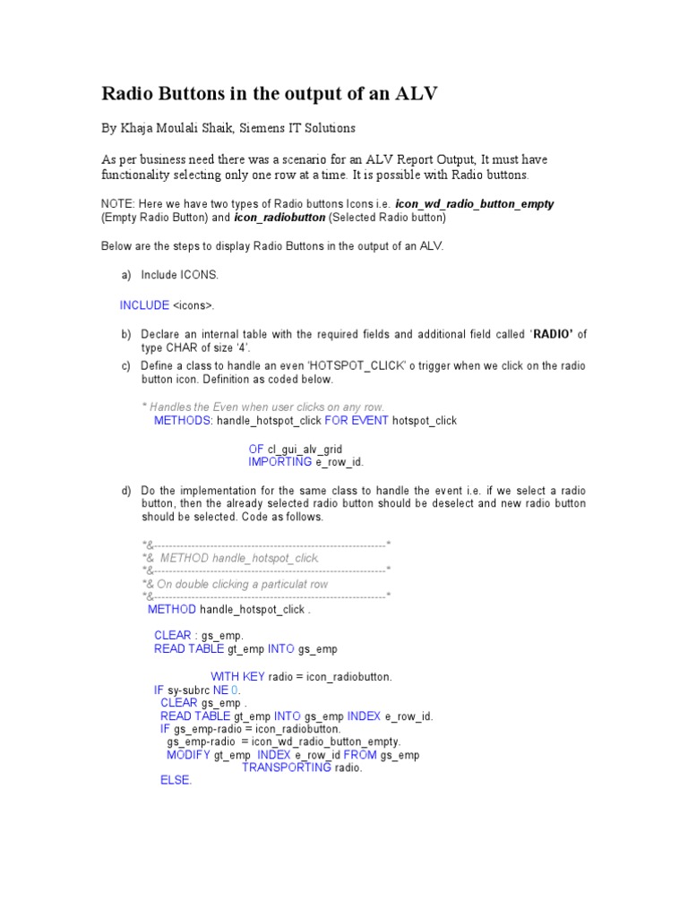 Radio Buttons In Alv Output Pdf Database Index Icon Computing 
