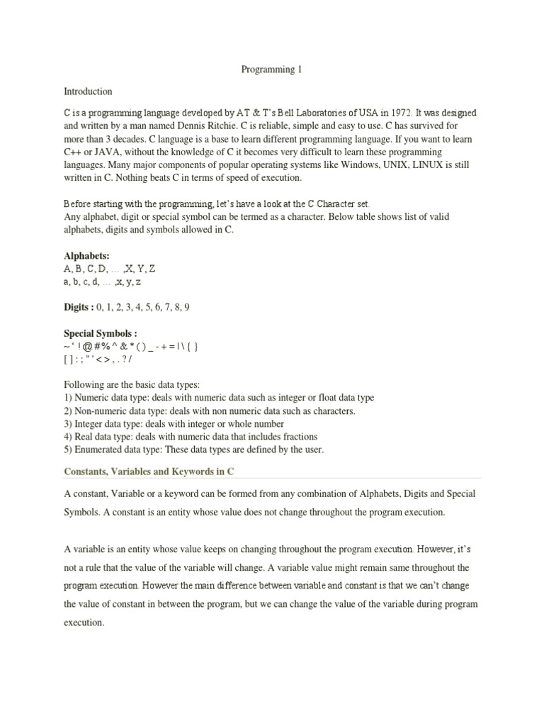 Alphabets:: Constants, Variables and Keywords in C | PDF | Integer ...