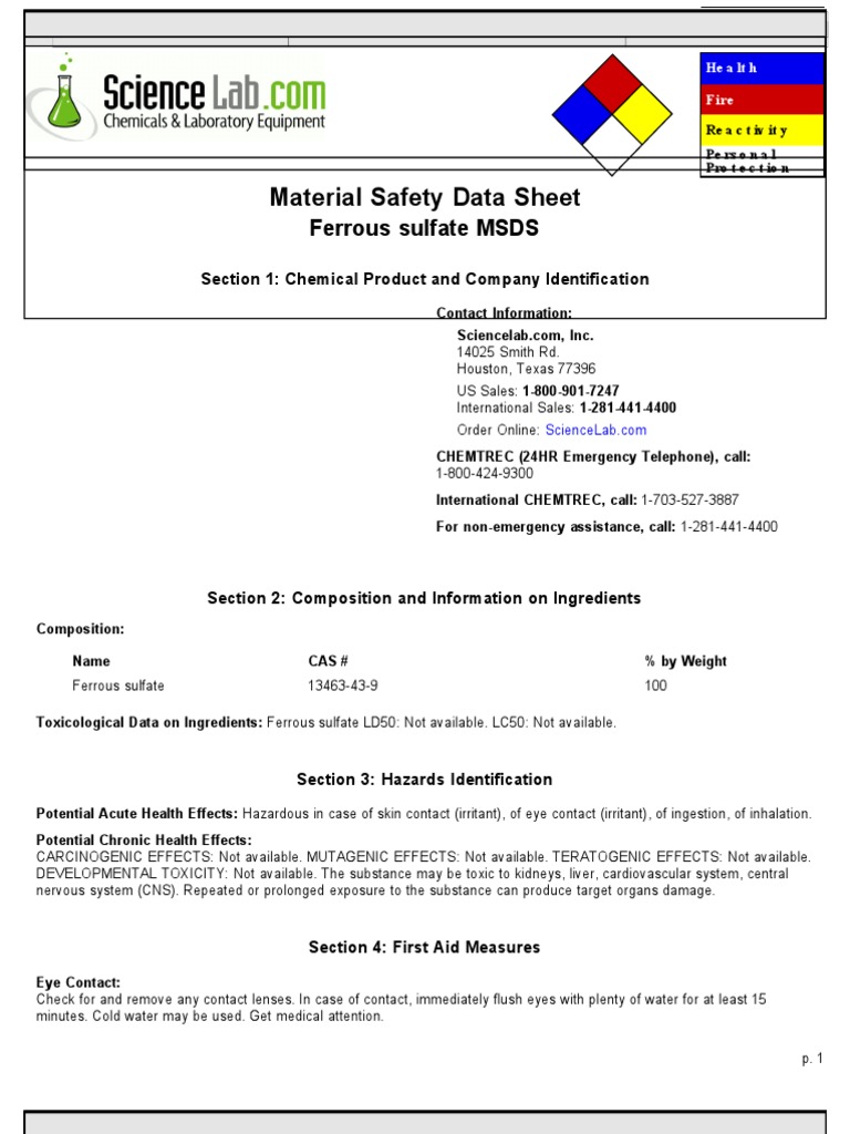 Ferrous Sulfate Safety Data Sheet | PDF | Toxicity | Flammability