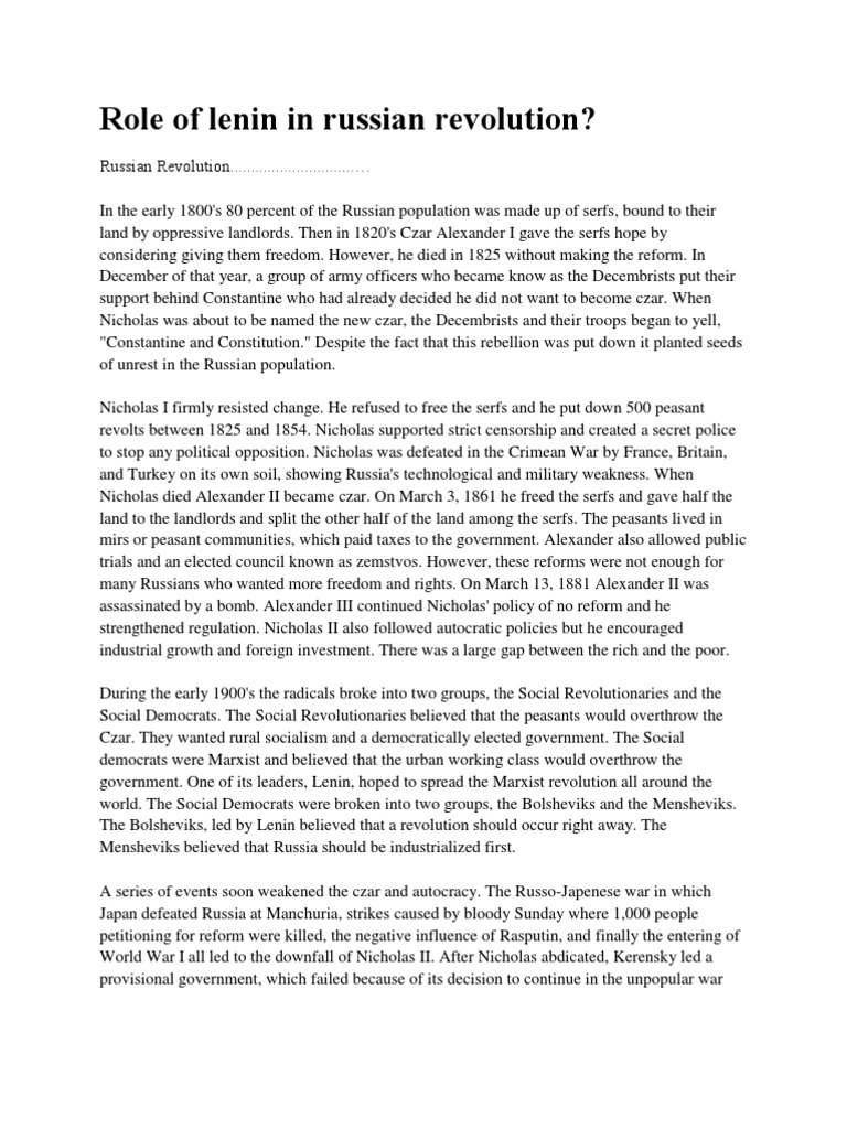 Role of Lenin in Russian Revolution | PDF | Vladimir Lenin | Bolsheviks