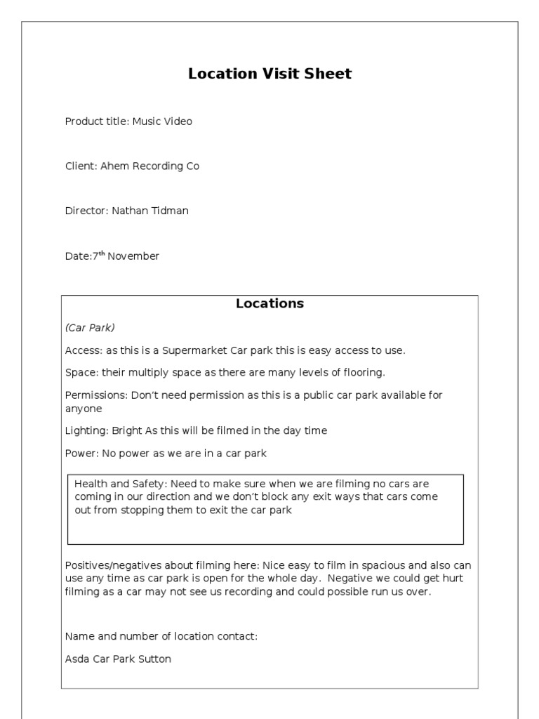 Location Visit Sheet: Locations | PDF