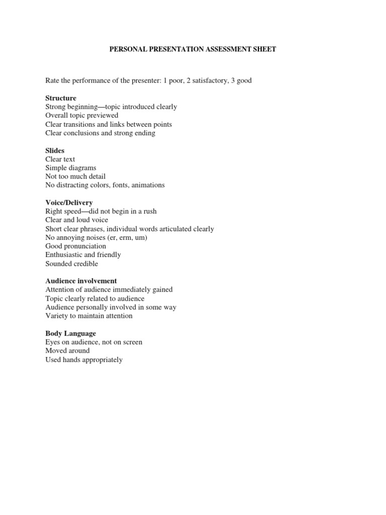 Personal Presentation Assessment Criteria | PDF | Career & Growth