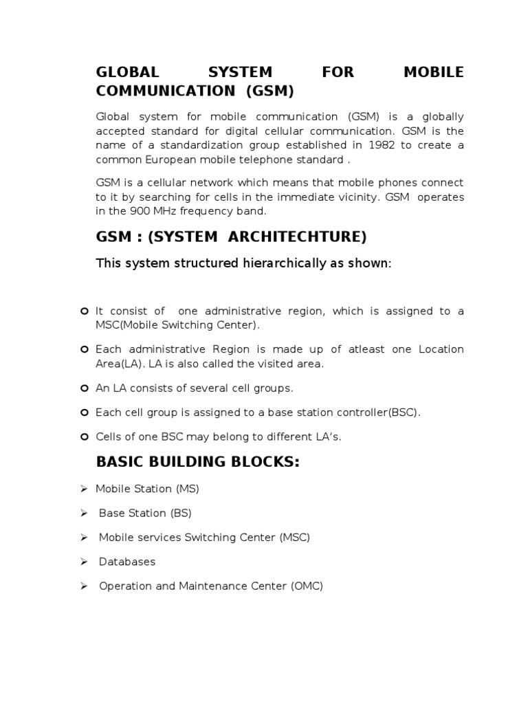 Global System For Mobile Communication | PDF | Gsm | Mobile Technology